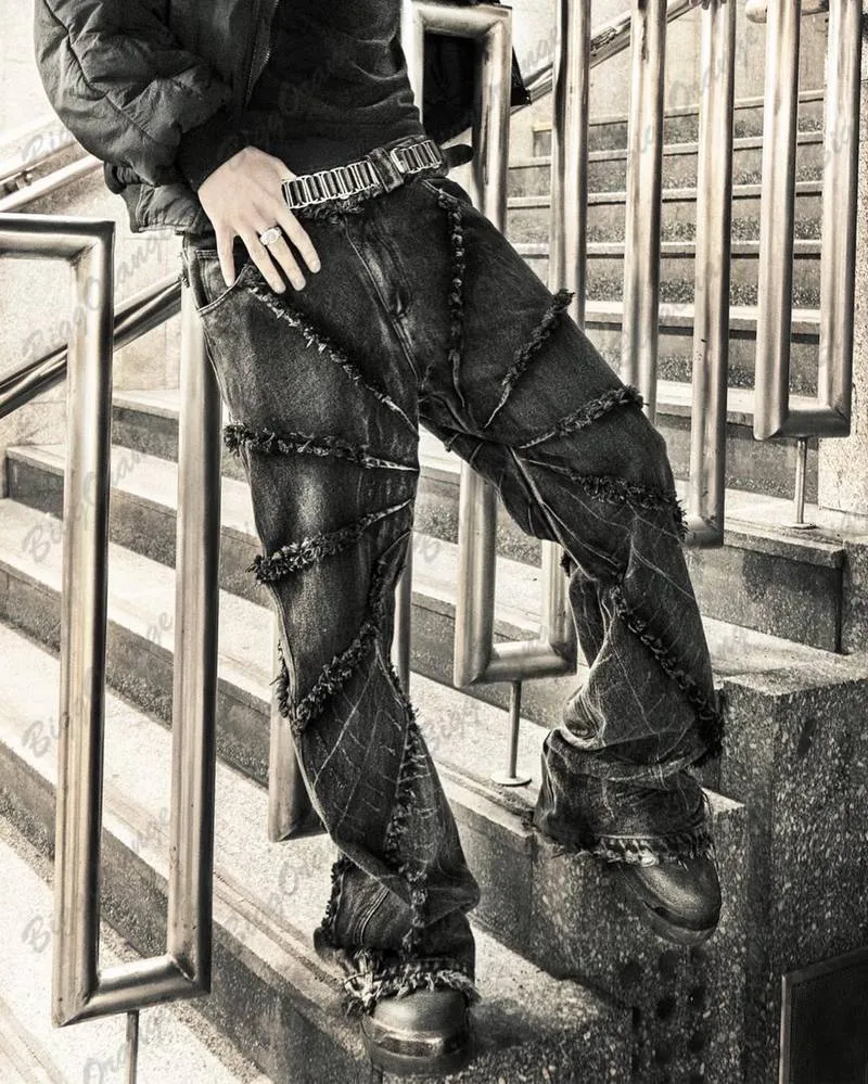 Vintage Oversized Black Split Hem Jeans For Men Y2K Punk Style With ...