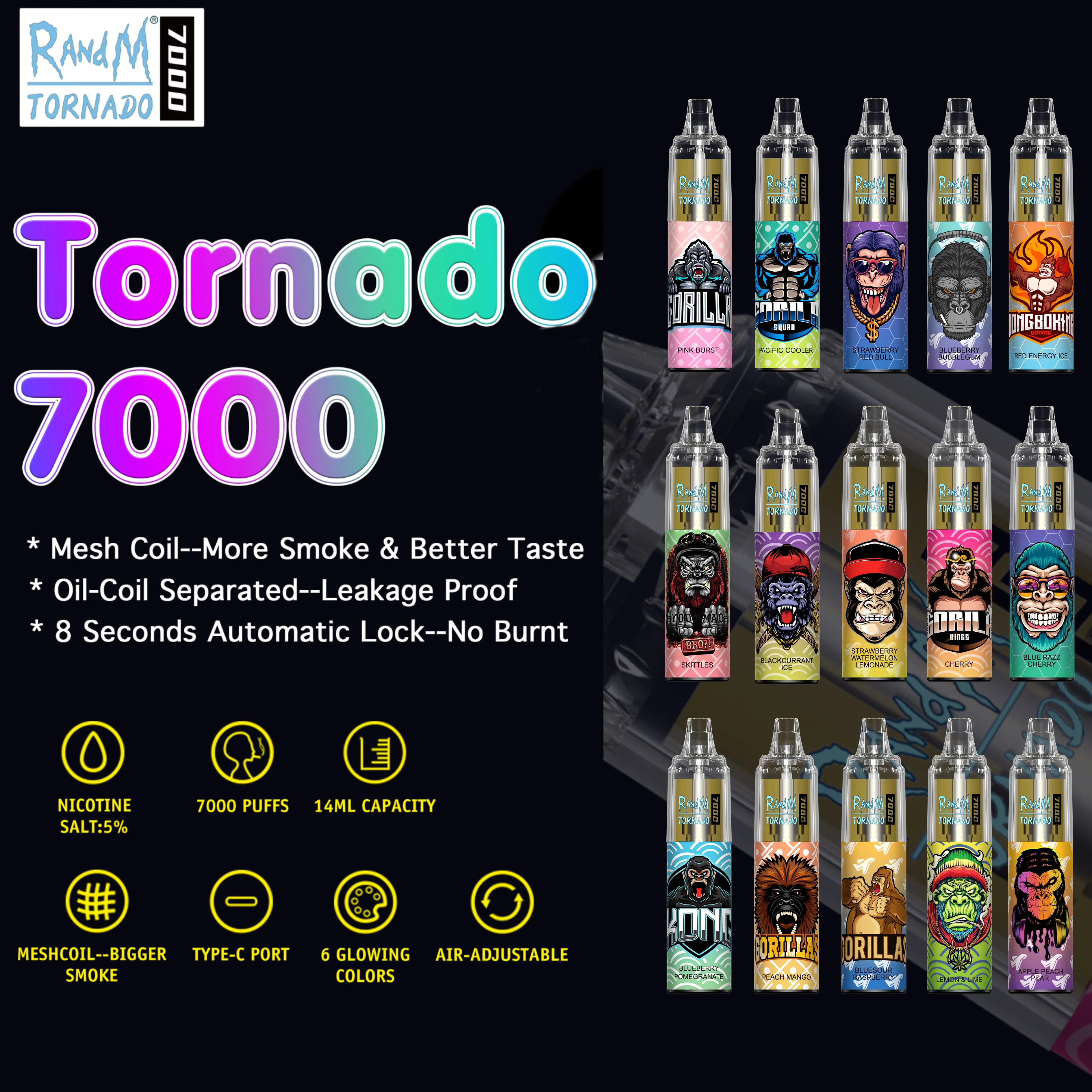 Originale RandM Tornado 7000 Puffs 7K Usa E Getta Vape Pen Puff 7000 ...