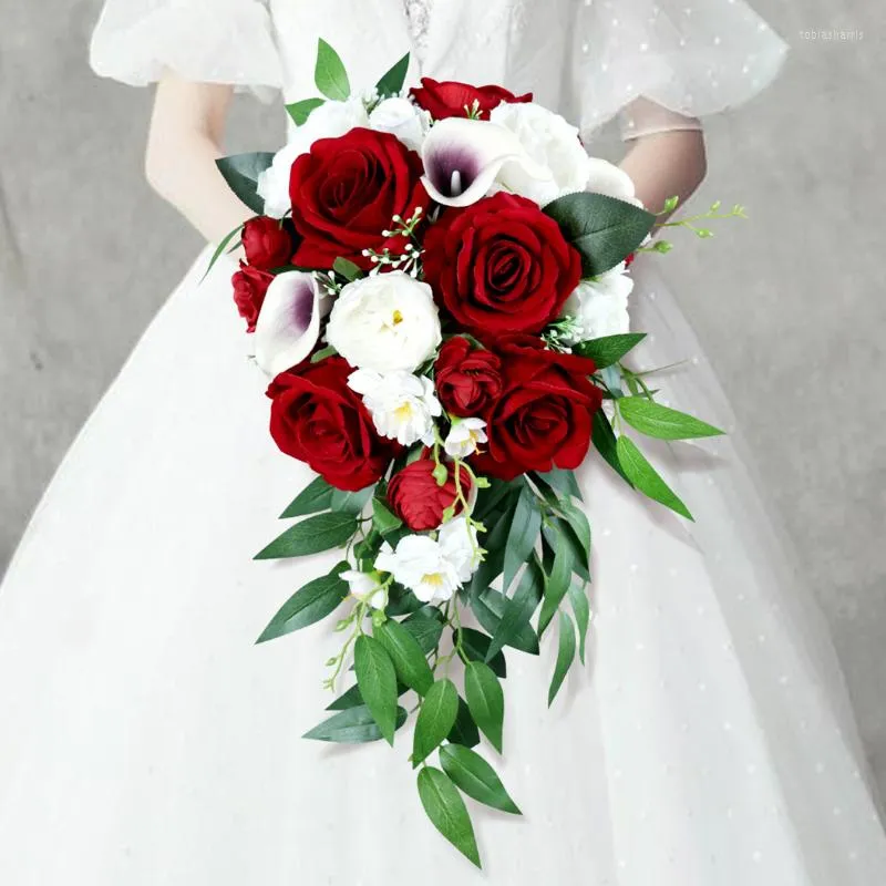 Elegant Red Rose Wedding Bouquet - Cascading Waterfall Style ...
