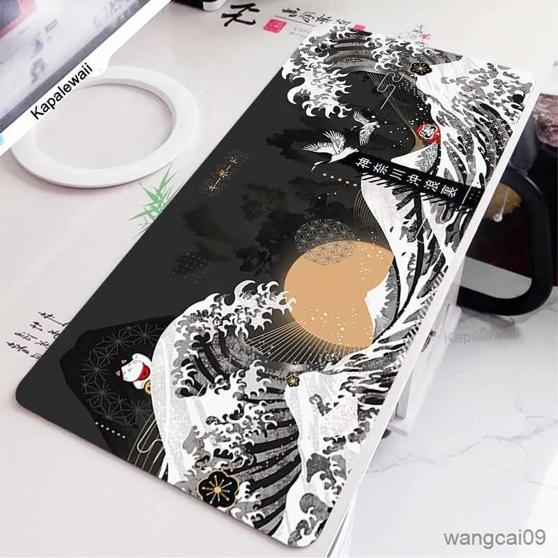 Large Computer Mouse Pads With Wrist Support Black And White Wave Art ...