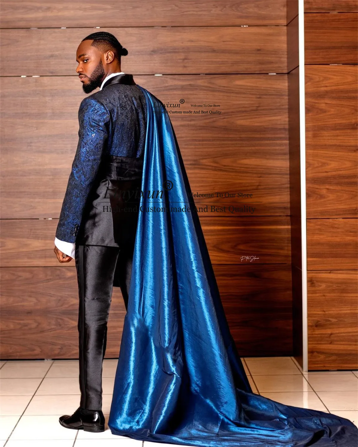 Blue Jacquard Slim Fit Men's Tux Cape Wedding With Cape Set For Groom ...