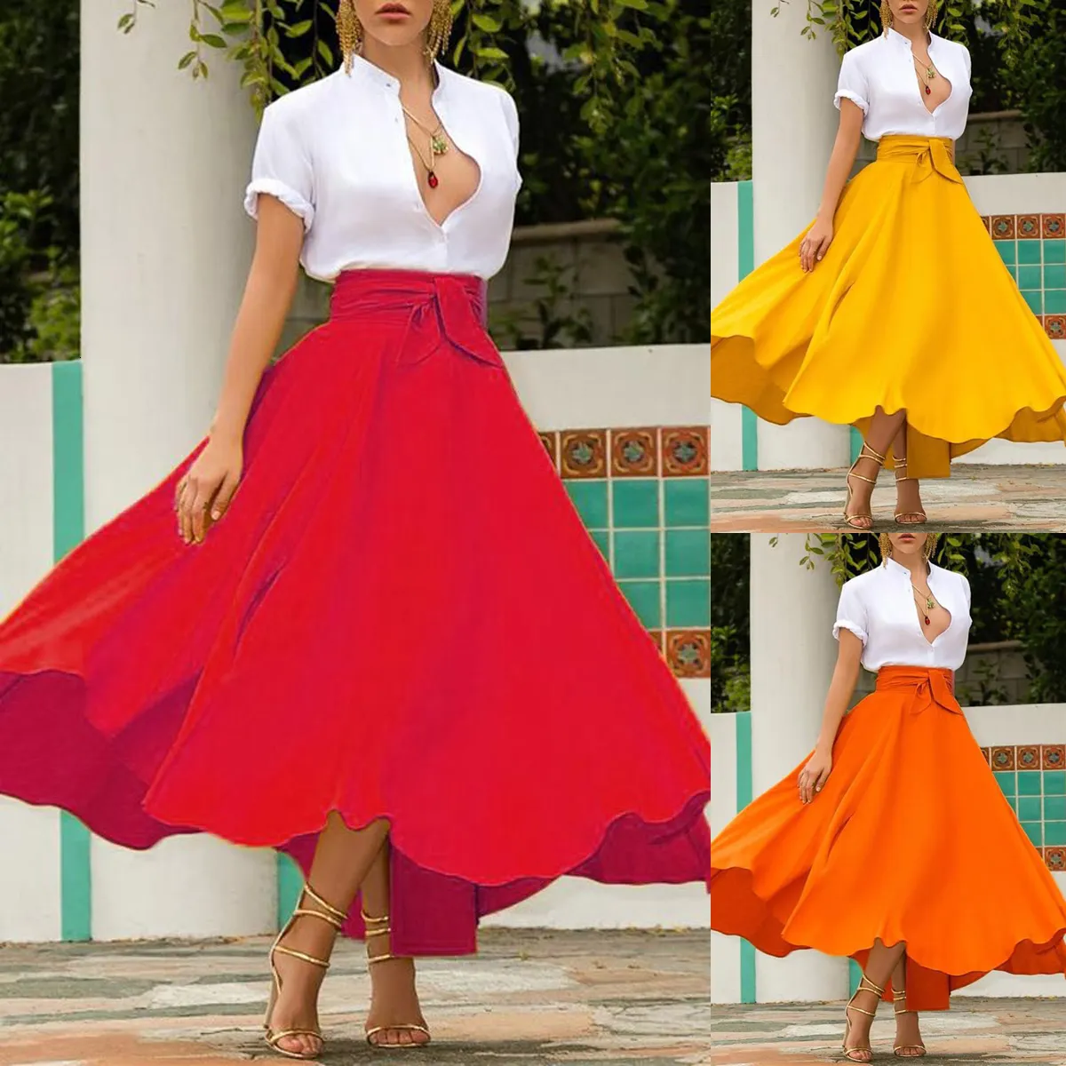Womens High Waist A Line Maxi High Waisted Maxi Skirt With Bow Belt And Pleated Detail In Solid Color Fashionable And Slimming Red Orange Yellow From Wai01 12.85 DHgate.Com