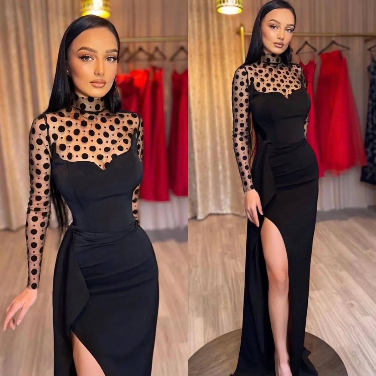 Black Illusion High Neck Turtleneck Prom Dress With Pleats And Slit ...