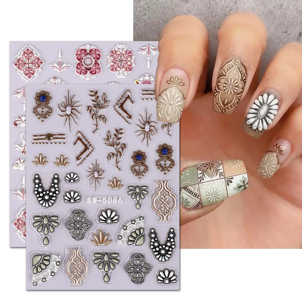 5D Embossed Flower Nail Stickers Retro Lace Totem Design For DIY Nail ...