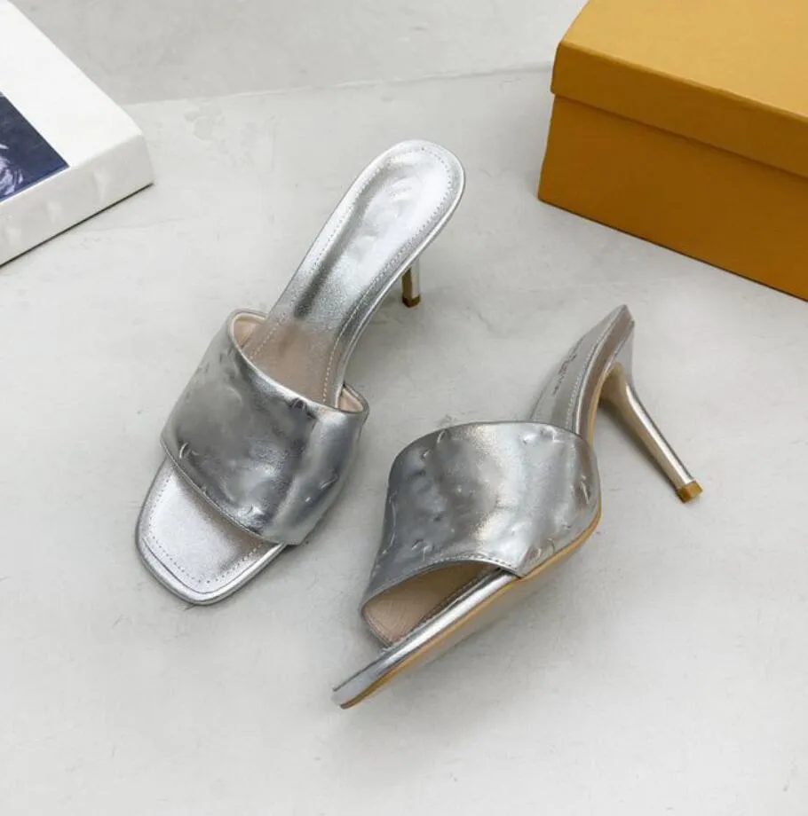 Luxury Embossed Mule Silver Slippers For Women High Heels, Gold And ...