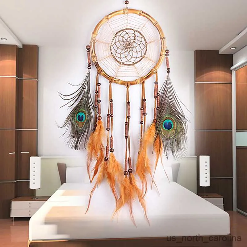 Handmade Peacock Feather Wall Decor - Bohemian Bamboo Circle, Colorful ...