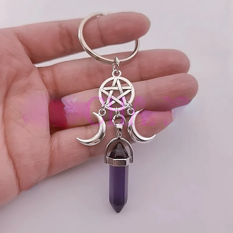 Purple Crystal Pentacle Moon Keychain Unique Wiccan Gothic Jewelry For ...