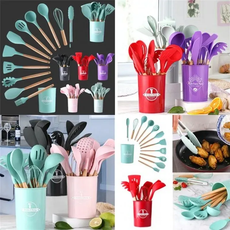 DHgate.com:Multicolor Silicone Cooking Utensil Set with Wooden Handles ...