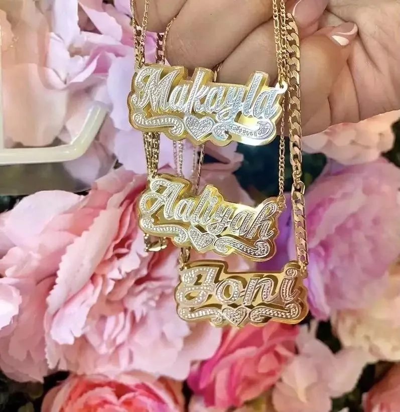 DHgate.com:18K Gold Plated 3D Custom Nameplate Necklace, Double Layer ...
