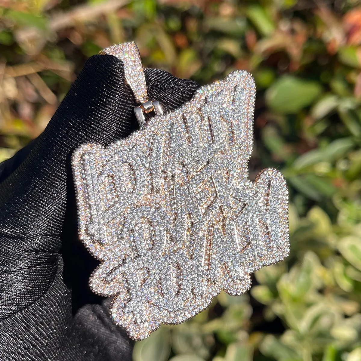 Iced Out Bubble Letter Pendant - CZ Loyalty Over Royalty Necklace, Two ...