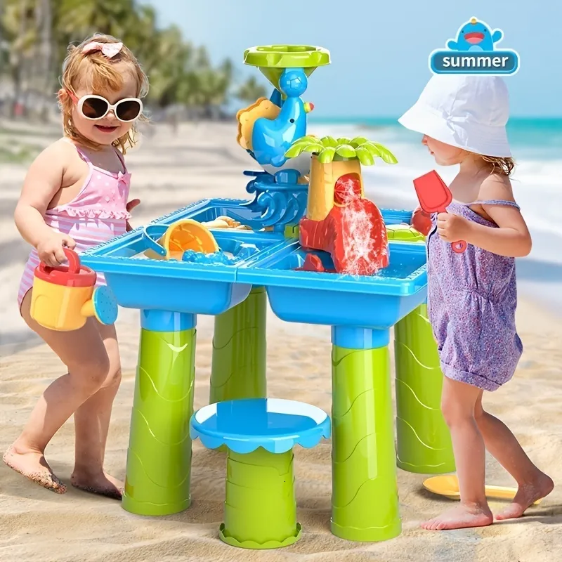 Sand Play Water Fun 4-in-1 Table with 15-Piece Sandbox Beach Toy Set ...