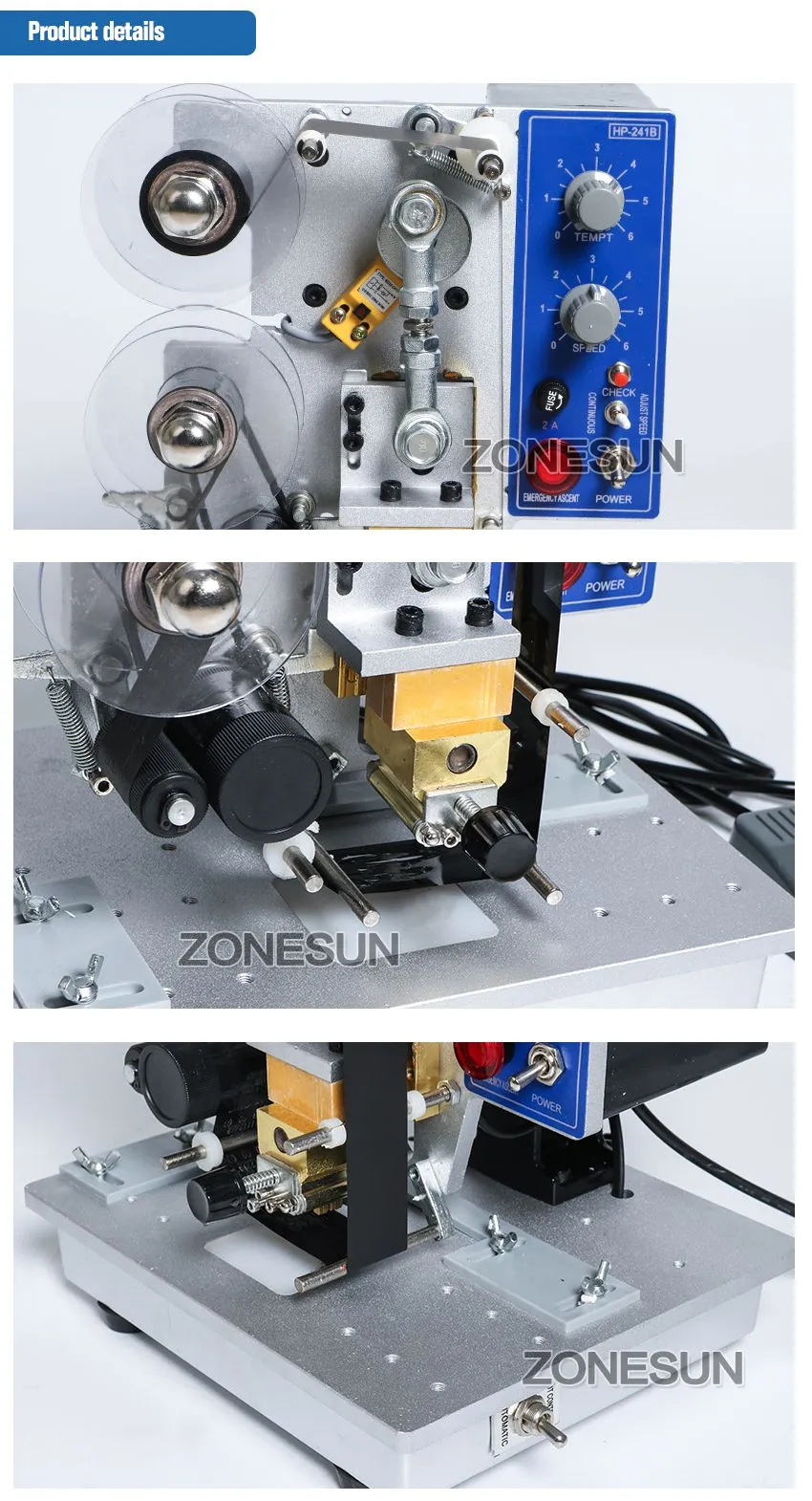 ZONESUN HP 241B Electric Ribbon Printing Machine Semi Automatic Hot Stamp Coder For Labels ...