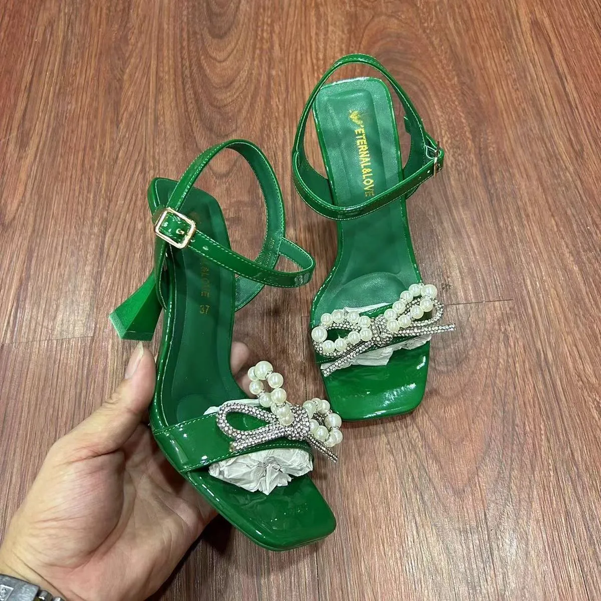 Pearl Shoes Sandals S Bow Open Toe Square Buckle Comfortable High Heels ...