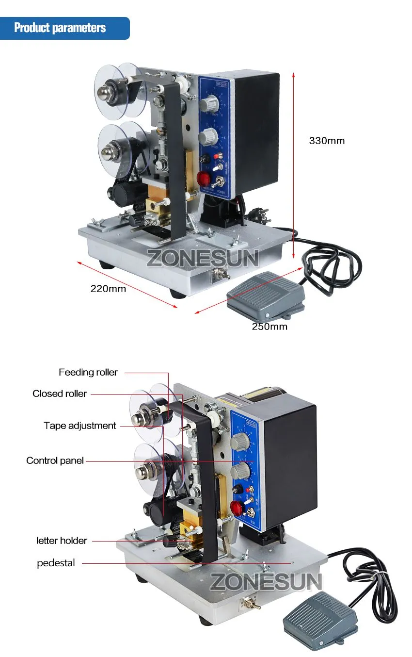 ZONESUN HP 241B Electric Ribbon Printing Machine Semi Automatic Hot Stamp Coder For Labels ...