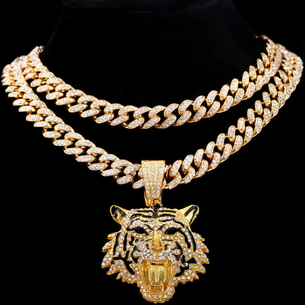 Pendant Necklace: Hiphop Tiger Design with Iced Out Cuban Link Chain ...