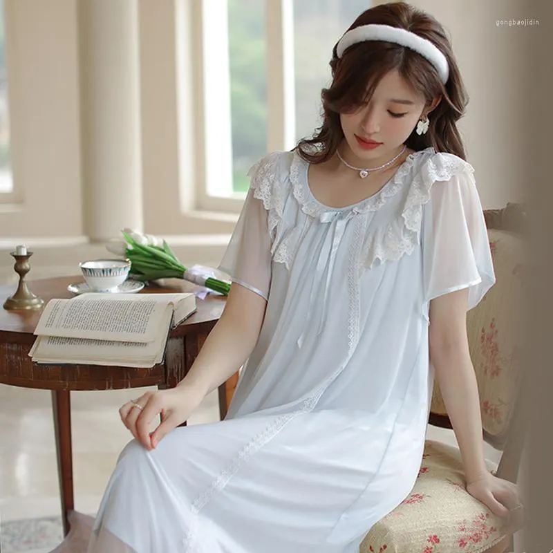 Women's Modal Nightgown Mid-Calf Length Summer Short Sleeve Lace Mesh ...