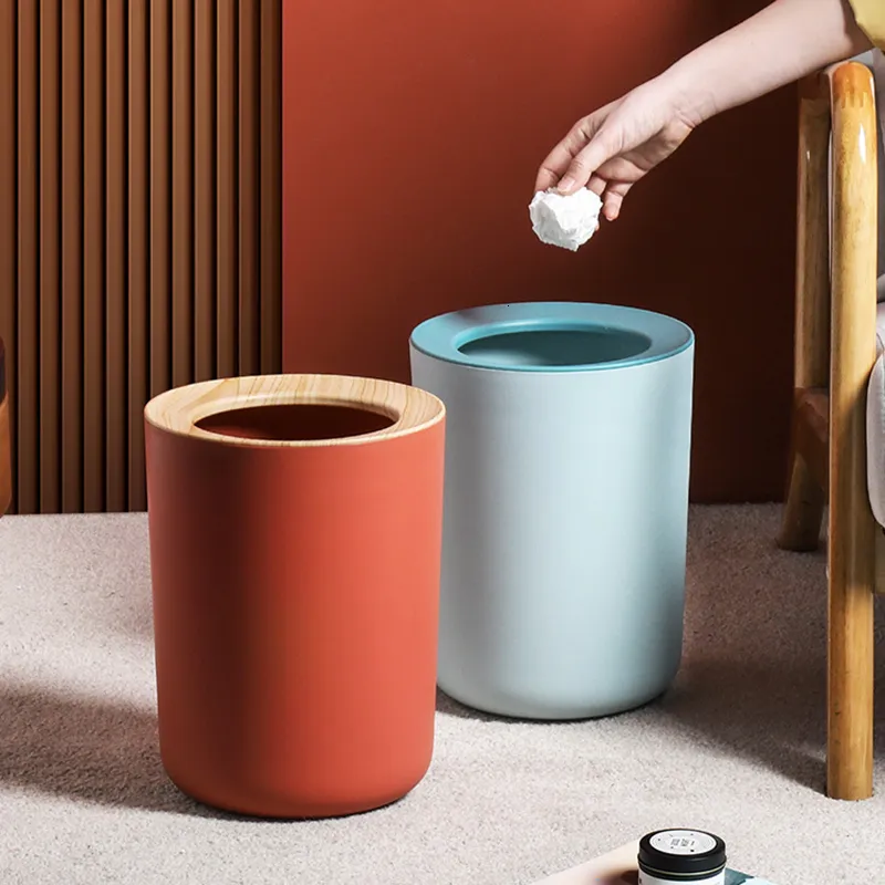 Waste Bins 12L Retro Wood Grain Trash Can Household Living Room Toilet ...