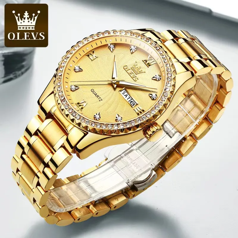 Mens 40mm Gold Watch: Diamond Inlaid, Calendar, Luminous Quartz From ...