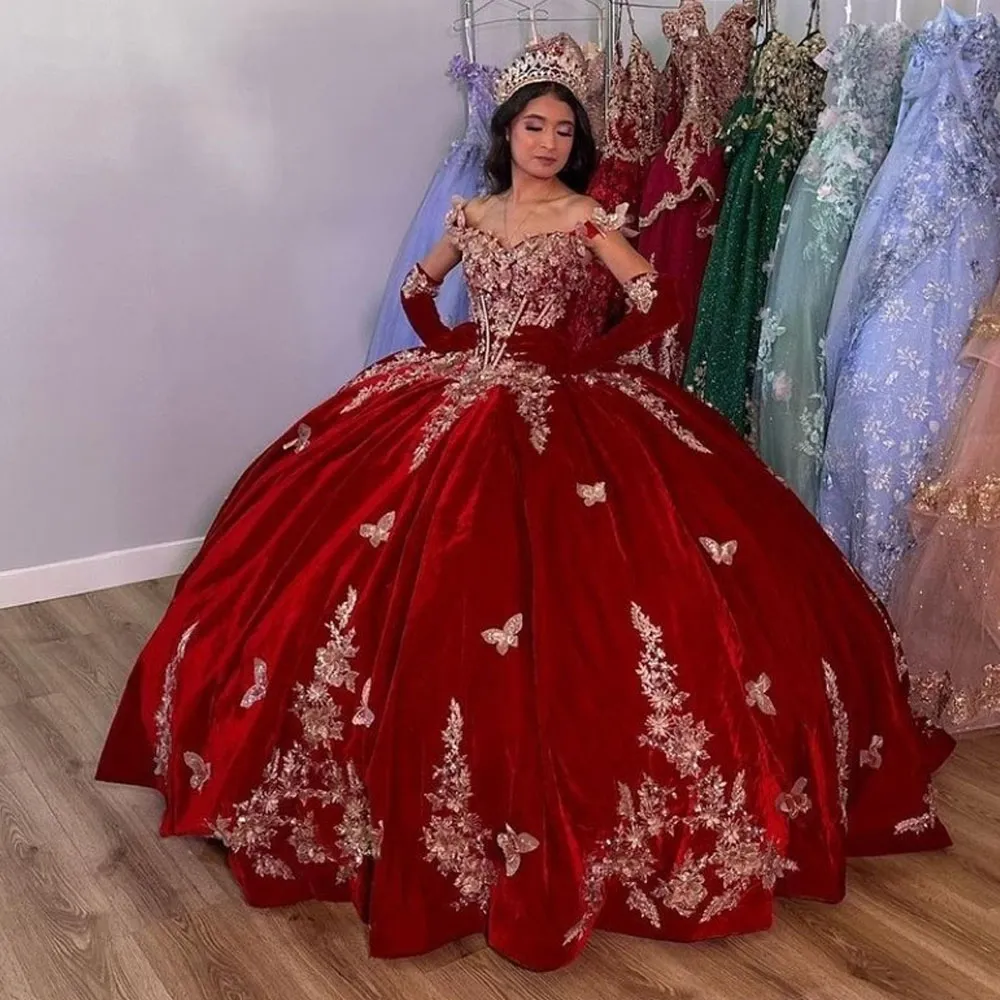 Velvet Lace Up Off Shoulder Red Themed Quinceanera Ball Gown With ...