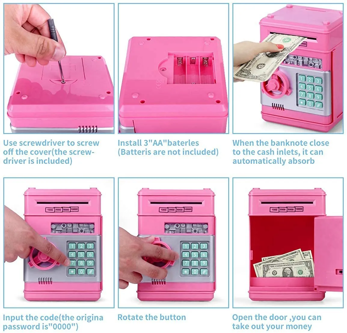 Electronic ATM Piggy Bank - Kids Password Safe, Coin & Cash Deposit Box ...