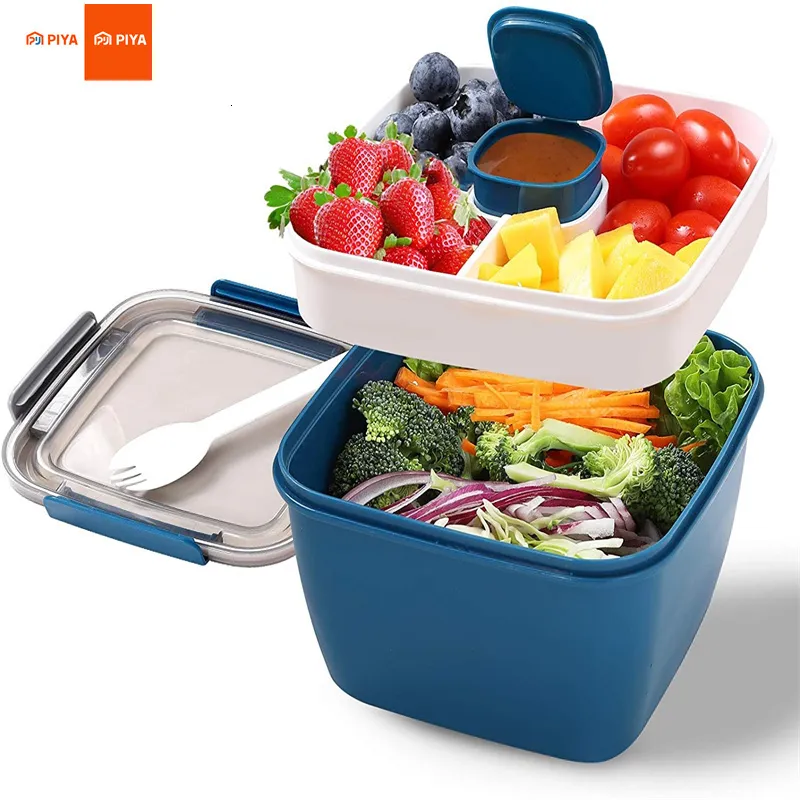 Portable Bento Box Salad Lunch Container - 2 Compartment Food Storage ...