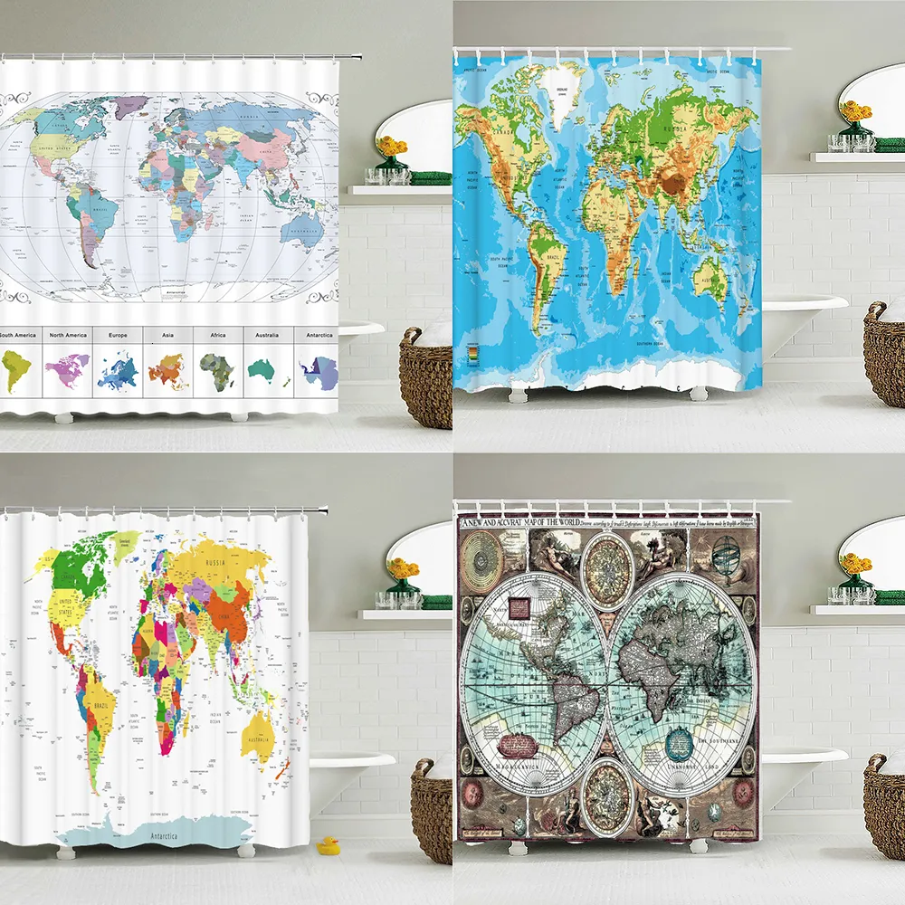 Waterproof World Map Colorful Shower Curtain Sets Super Long 180x200cm ...