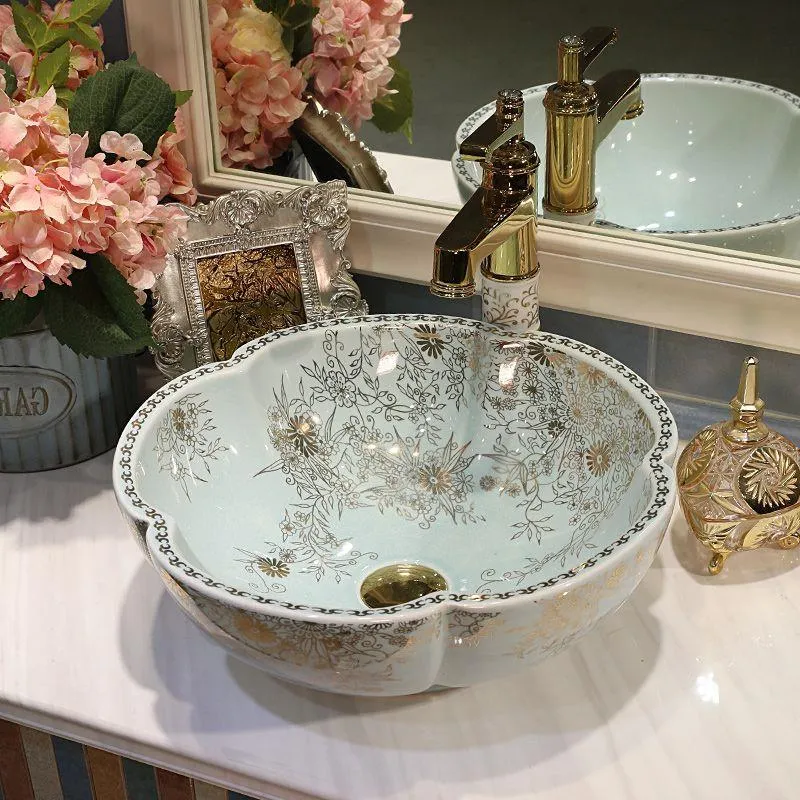 Flower Chinese Countertop Basin Sink Handmade Ceramic Bathroom Vessel ...