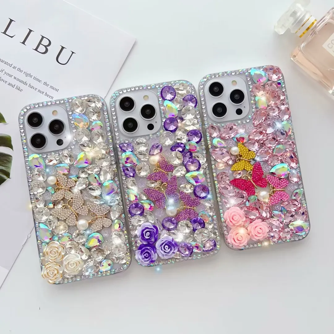 Bling Mobile Phone Cases Luxury 3D Floral Diamond Case For IPhone 16 15 ...