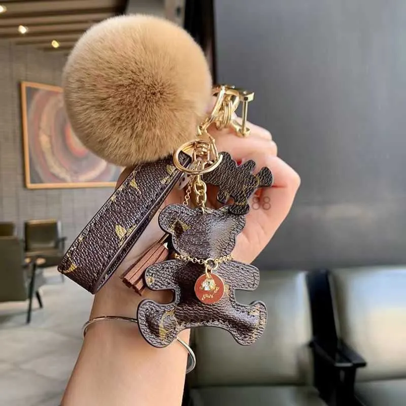 Bear pendant keychain leather fur ball car keychain 14K gold plated ...