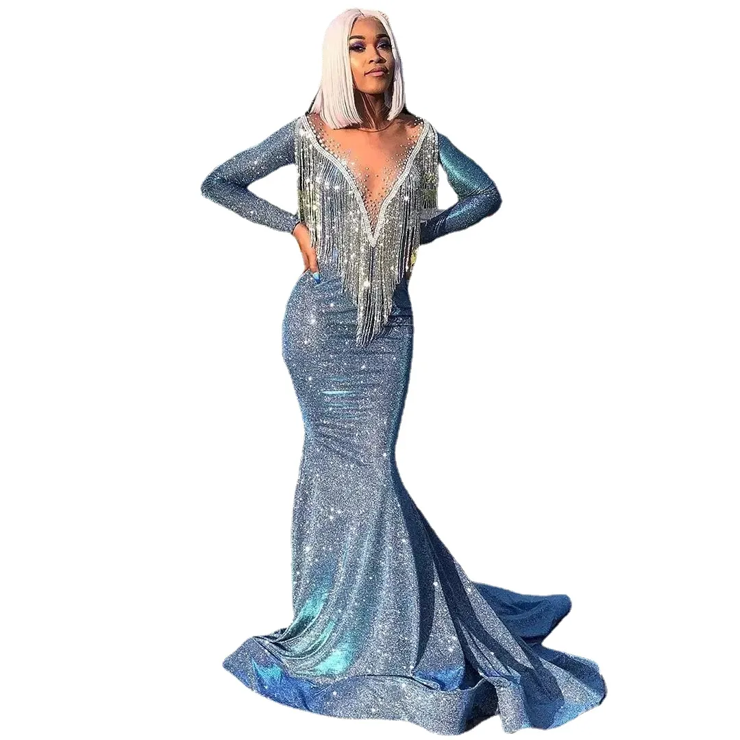 DHgate.com:Blue Sequin Mermaid Prom Dress with Beaded Sheer Neck and ...