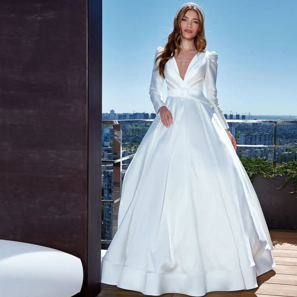 Satin White A-Line Wedding Dress with V Neck, Long Sleeve, Pleated ...