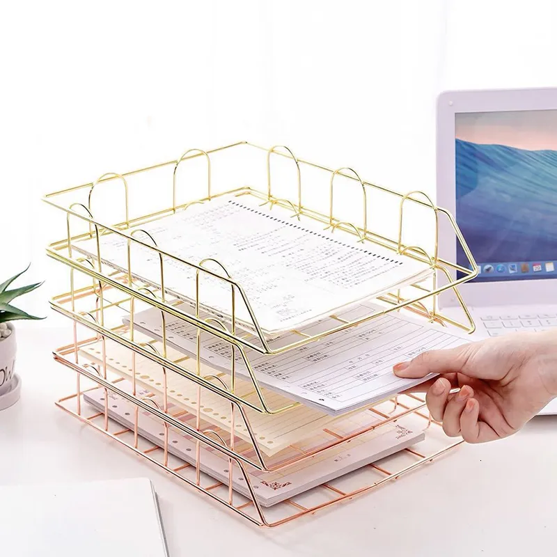 Rose Gold Stackable Paper Tray Organizer, Metal Letter Trays For Desk ...