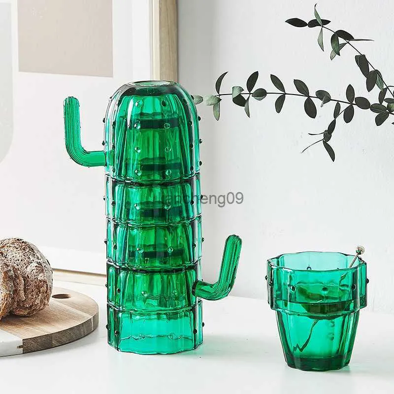 Nordic Cactus Glass Cup Set - 4/Stackable Tumblers, Green Water Glasses ...