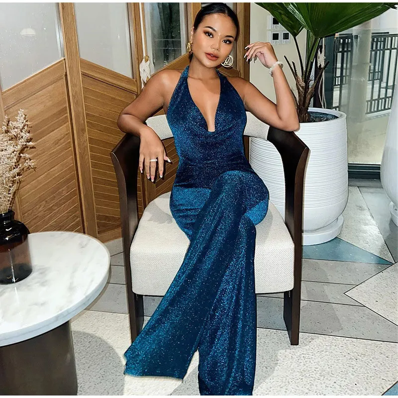 Shiny Halter Blue Sequin Jumpsuit With Open Back Perfect For Prom ...