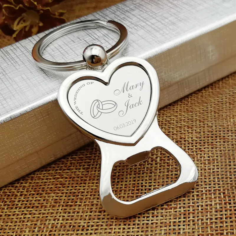 50Pcs Personalized Wedding Favor Heart Bottle Opener Keychain Metal Wedding Gifts for Guests Birthday Party Souvenir Custom 2024