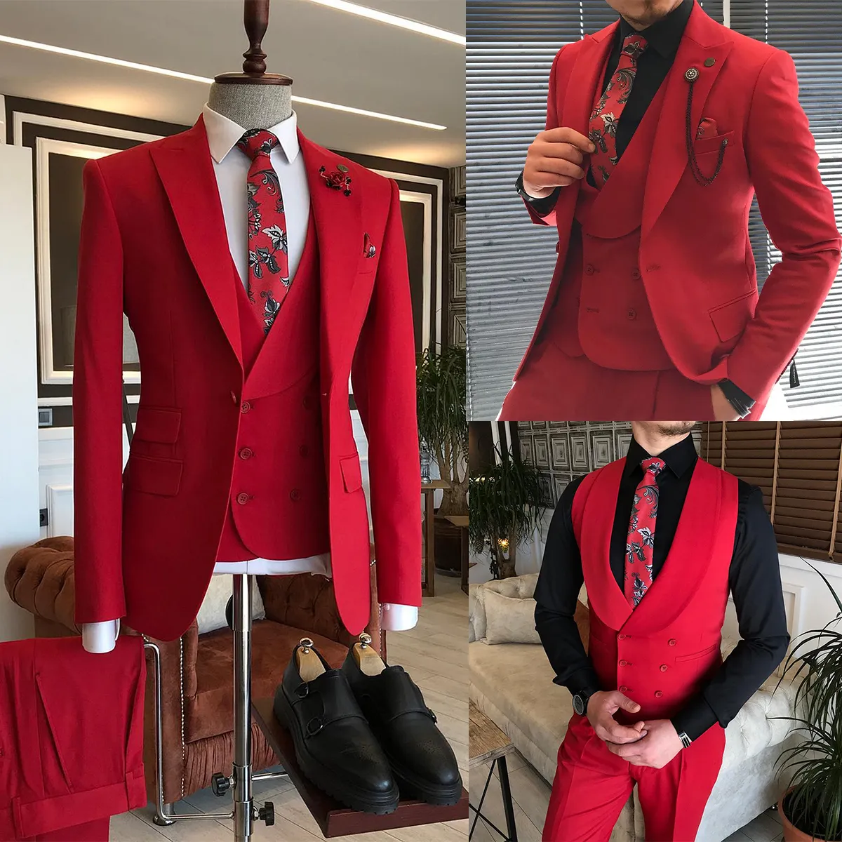 Luxury Red Slim Fit Red Tuxedo Wedding Suit Set For Men Peaked Lapel ...