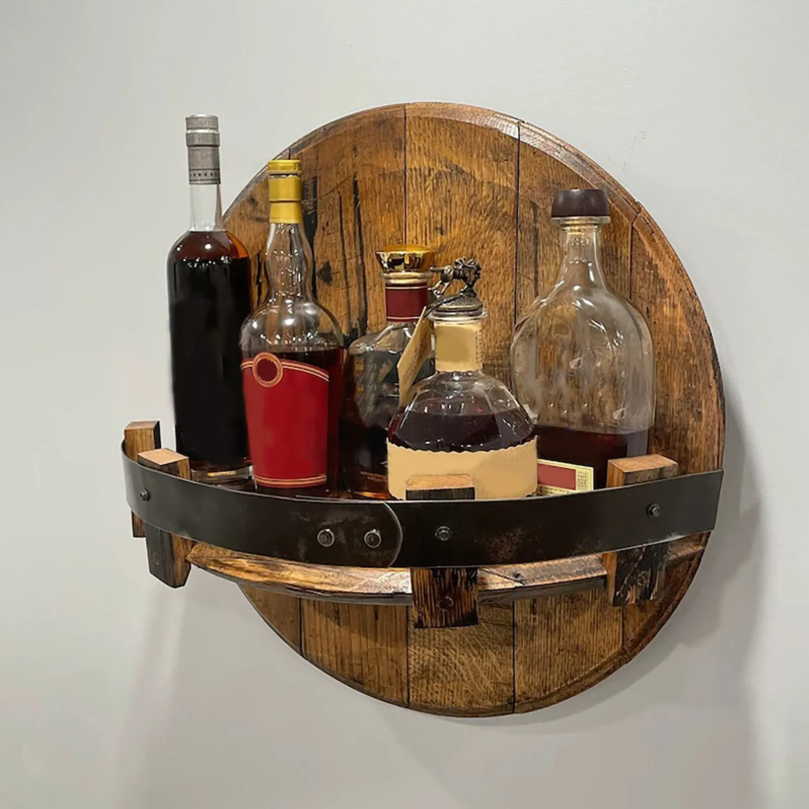 Vintage Wall Mounted Barrel Shelf For Liquor Bottles And Whiskey Retro ...