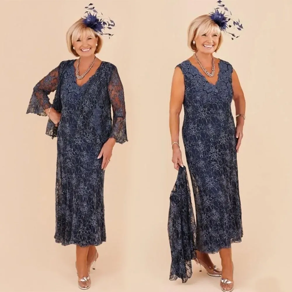 Elegant Mother Of The Bride Dresses, Tea Length Evening Gown In Navy ...
