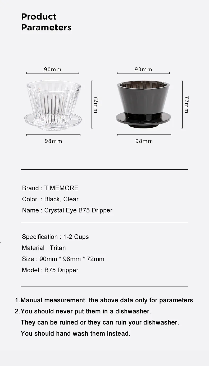 TIMEMORE B75 Wave Pour Over Coffee Dripper With Crystal Eye Filter PCTG Flat Bottom For 1 2 Cups ...