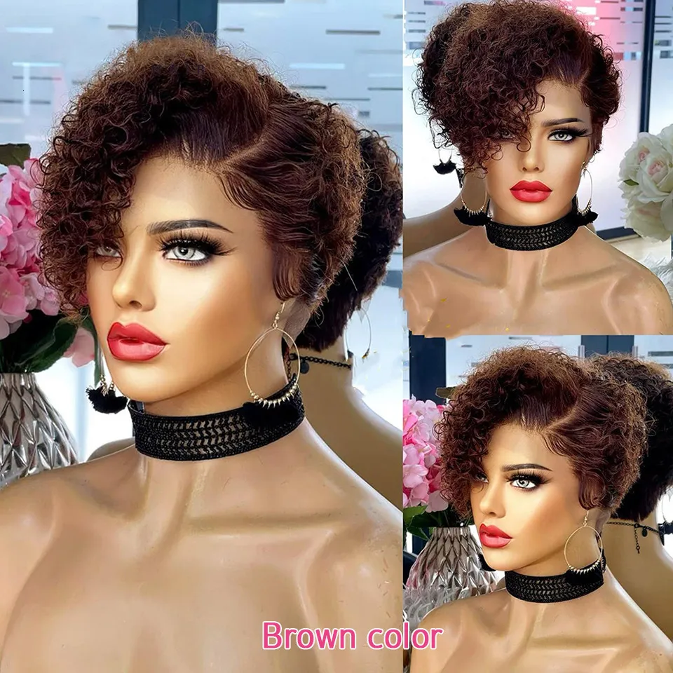 Lace Front Short Bob Pixie Cut Curly Human Hair Wig 13x1 Transparent ...