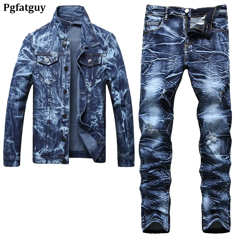 DHgate.com:Stylish Mens 2-Piece Tie-dye Denim Jacket and Ripped Jeans ...