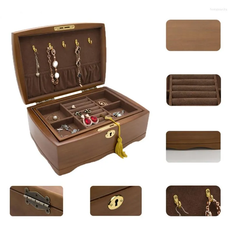 Vintage Wooden Jewelry Organizer Box With Lock Double Layer Storage For ...