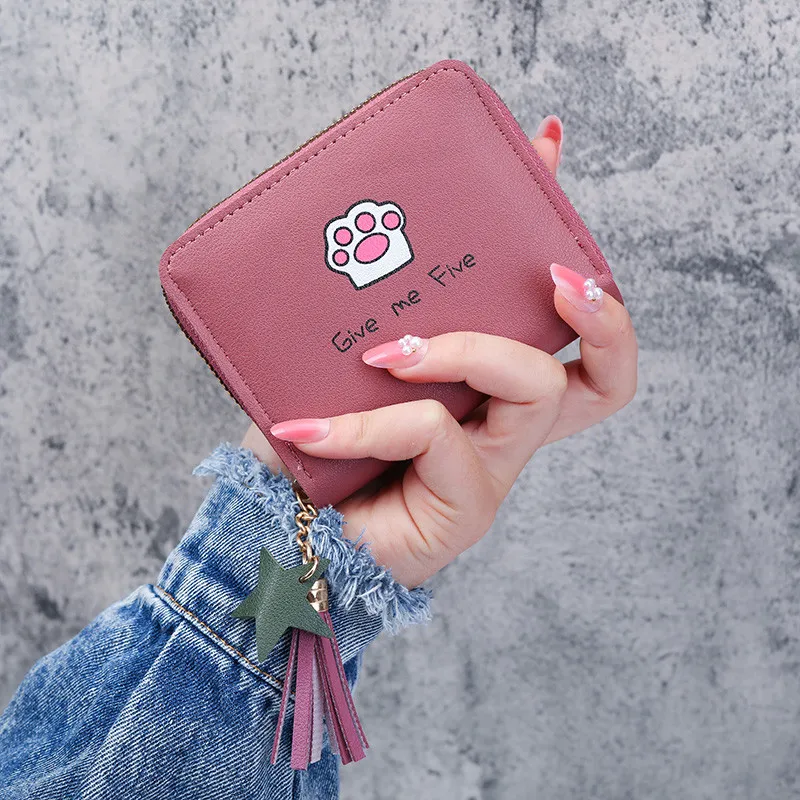 Cute Cat Paw Print Tassel Womens Leather Wallet With Zipper Small Coin ...