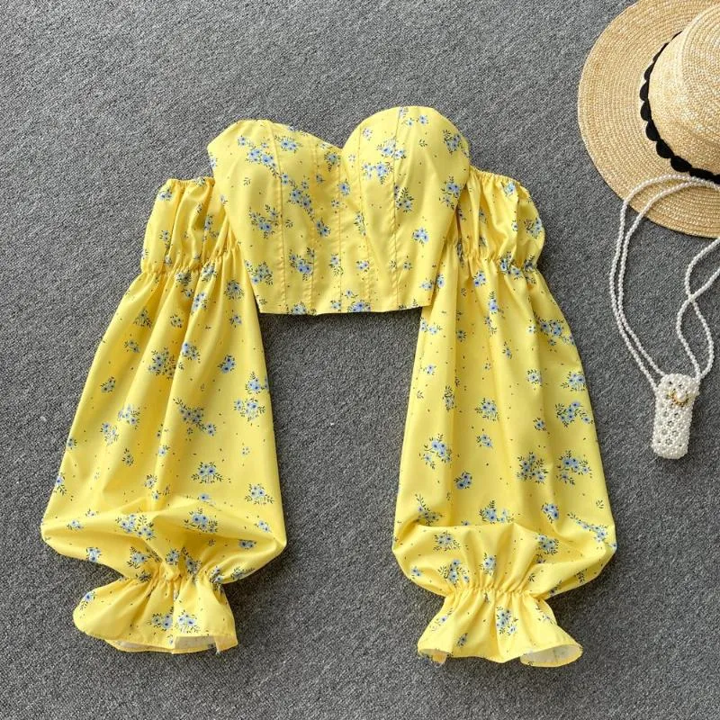 Korean Strapless Floral Blouse For Women Elastic Ruched Slim Fit Long ...