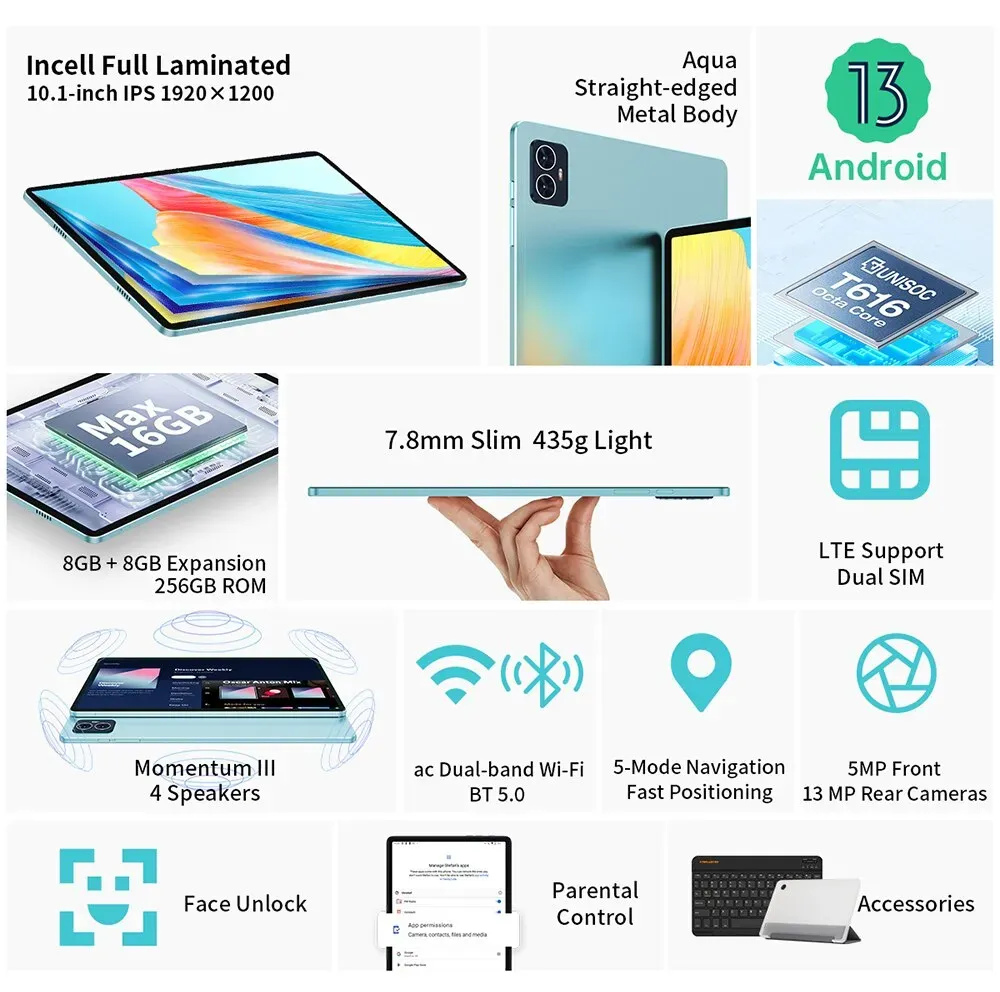 Teclast M50 Pro Android 13 Tablet 8GB RAM 256GB ROM UNISOC T616 10.1 Pulgada 4G Dual SIM LTE ...