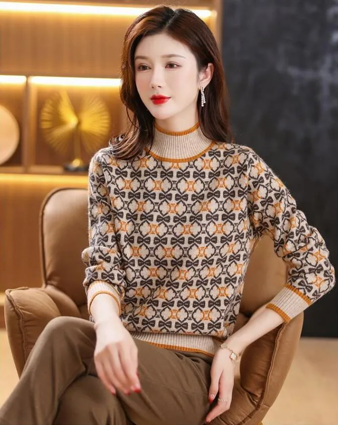 Luxury Women's Long Sleeve Half High Collar Designer Knitted Pullover ...
