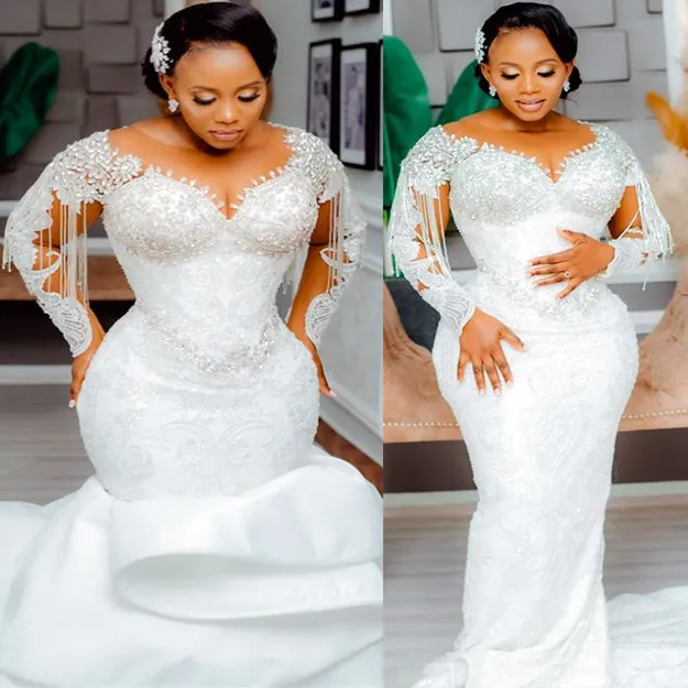 2023 Oct Arabic Aso Ebi Plus Size Mermaid White Wedding Dress For Bride ...