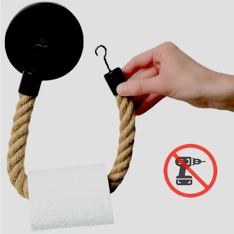 Toilet Paper Holder Retro Hemp Rope Punchless Wall Mounted Rack ...