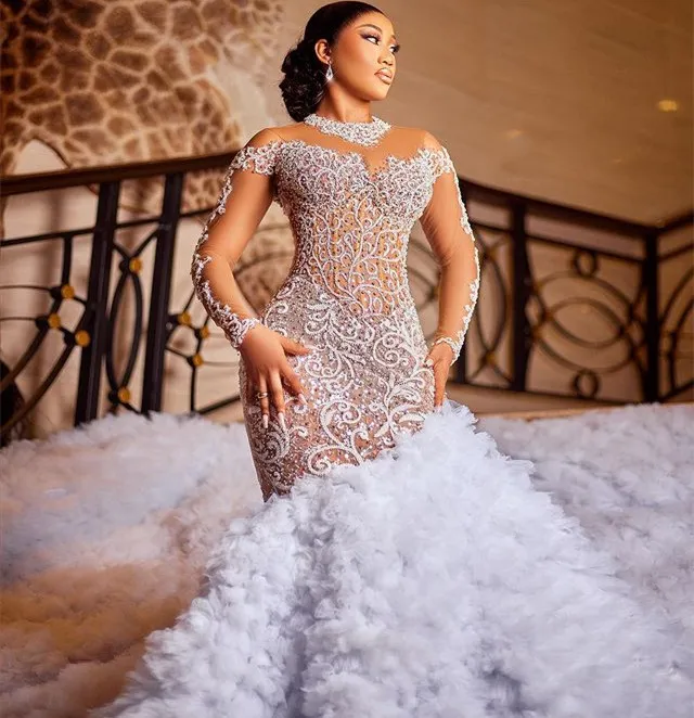 Aso Ebi Lace Gown Styles: Ivory Mermaid Wedding Dress Plus Size Beaded ...