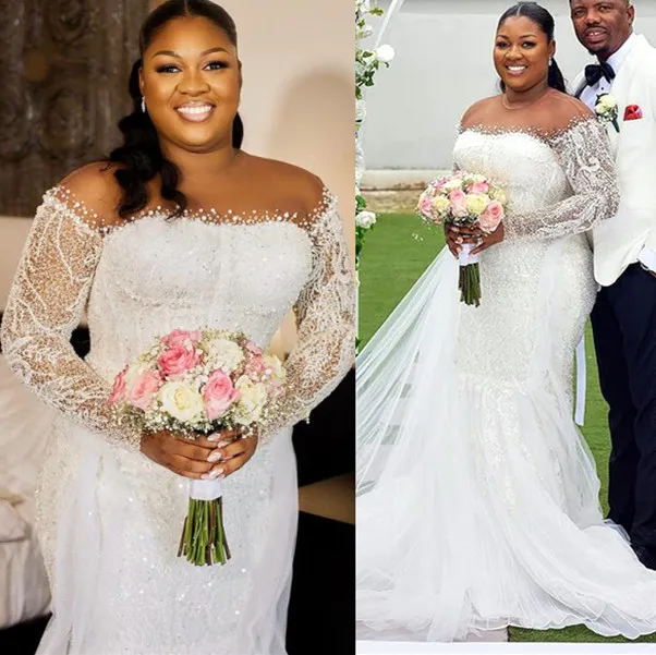 Oct Arabic Aso Ebi Plus Size Mermaid Wedding Dress White Sequined Lace ...